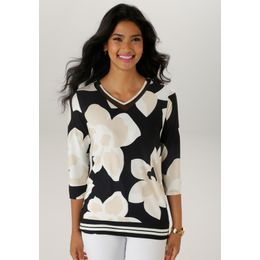 Damen 3/4-Arm-Shirt, beige, Gr. 42, Aniston SELECTED, bedruckt, gebl&uuml;mt, gemustert, Single Jersey, Obermaterial: 95% Viskose, 5% Elasthan, Shirts