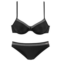 Lascana Damen B&uuml;gel-Bikini, schwarz, Gr. 40, gestreift, unifarben mit Farbeinsatz, Polyamid, Bikini-Sets, mit gestreiften Eins&auml;tzen