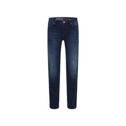 SOCCX Damen Regular-fit-Jeans, blau, Gr. 30, Abriebeffekte, Sweatware, Material: 68% Baumwolle, 16% Polyester, 14% Lyocell, 2% Elasthan, Zusatz: