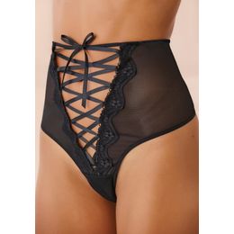 Damen High-Waist-String, Petite Fleur Gold, Gr. 32, schwarz, Netz, Obermaterial: 90% Polyamid, 10% Elasthan, Unterhosen, mit Ouvert-&Ouml;ffnung