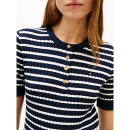 Tommy Hilfiger Damen Strickpullover "CO CABLE FINE GG SS HENLEY", blau, Gr. L, gestreift, Strick, Obermaterial: 100% Baumwolle, Pullover, mit