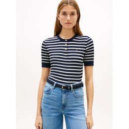 Tommy Hilfiger Damen Strickpullover "CO CABLE FINE GG SS HENLEY", blau, Gr. XS, gestreift, Strick, Obermaterial: 100% Baumwolle, Pullover, mit