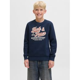 Jack & Jones Jungen Sweatshirt "JJELOGO SWEAT CREW 2 COL AW25 NOOS JNR", blau, Gr. 164, JACK & JONES JUNIOR, bedruckt, angeraute Sweatware, Obermaterial: 70%