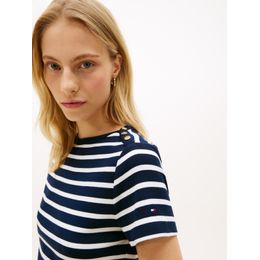 Tommy Hilfiger Damen Kurzarmshirt "GOLD BUTTON SLIM SS TEE"breton stripe schwarz night, ecru, Gr. XL, gestreift, Single Jersey, Obermaterial: 100%