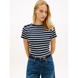 Tommy Hilfiger Damen Kurzarmshirt "GOLD BUTTON SLIM SS TEE"breton stripe schwarz night, ecru, Gr. S, gestreift, Single Jersey, Obermaterial: 100%