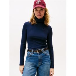 Tommy Hilfiger Damen Langarmshirt "SLIM 5X2 RIB ROLL-NK LS", blau, Basic, Gr. XXL, unifarben, Rippware, Obermaterial: 95% Viskose, 5% Elasthan,