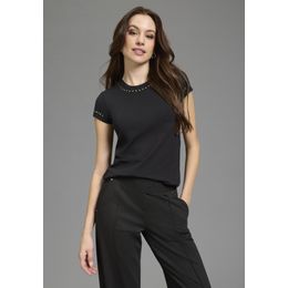 Bruno Banani Damen T-Shirt, schwarz, Gr. 32, unifarben, Jersey, Obermaterial: 95% Baumwolle, 5% Elasthan, Shirts, mit Ziernieten, figurumspielende