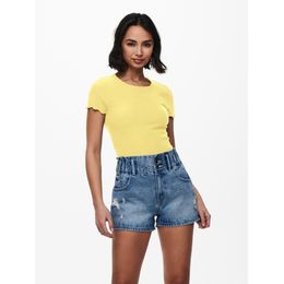 Rundhalsshirt Only "ONLEMMA S/S SHORT TOP NOOS JRS", Damen, Gr. XS, dusky citron, Jersey, Obermaterial: 65% Polyester, 30% Viskose, 5% Elasthan, unifarben, regular fit kurz, Rundhals, gewellter Abschluss, Shirts Rundhalsshirt, Rundhals, modisch, regular fit, gewellter Abschluss, unifarben