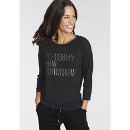 Laura Scott Damen 3/4-Arm-Shirt, schwarz, Gr. 42, bedruckt, Single Jersey, Obermaterial: 95% Viskose, 5% Elasthan, Shirts, mit glitzerndem Schriftzug