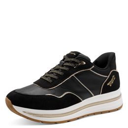 Tamaris Damen Plateausneaker, Gr. 37, schwarz, Lederimitat, Textil, Schuhe, Freizeitschuh, Halbschuh, Schn&uuml;rschuh mit Kontrast-Paspellierung
