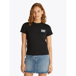 Tommy Jeans Damen T-Shirt "TJW REG TJ BUBBLE TEE", schwarz, Gr. XS, unifarben, Jersey, Obermaterial: 100% Baumwolle, Shirts, mit Logodruck