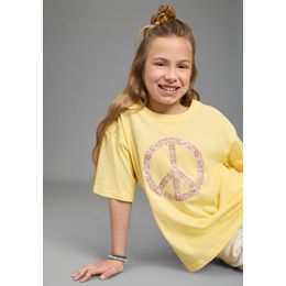 T-Shirt Kidsworld "T-Shirt Peacezeichen-Druck", M&auml;dchen, Gr. 176/182, gelb, Single Jersey, Obermaterial: 100% Baumwolle, bedruckt, gebl&uuml;mt, l&auml;ssig geschnitten, Rundhals, Shirts T-Shirt, l&auml;ssige Passform, Kurzarm, mit Rundhalsausschnitt, aus Baumwolle
