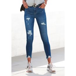 Buffalo Damen Destroyed-Jeans "mit ausgefransten Saumabschl&uuml;ssen aus bequemer Baumwollmischung", blau, Gr. 40, Destroyed-Effekte, Denim/Jeans,