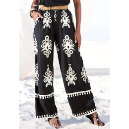 Lascana Damen Palazzohose "mit Ethno-Print und weitem, luftigem Bein", schwarz, Gr. 40, bedruckt, Web, Obermaterial: 100% Viskose, Hosen, leichte