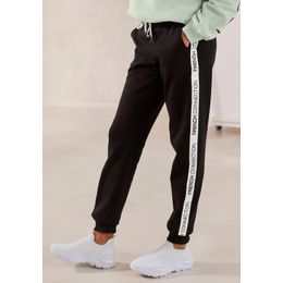 Damen Sweathose, French Connection, Gr. 48, schwarz, Sweatware, Obermaterial: 60% Baumwolle, 40% Polyester, unifarben mit Farbeinsatz, Hosen, mit