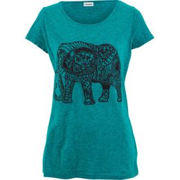 bonprix Damen T-Shirt, blau, Gr. 36, Obermaterial: 100% Baumwolle, Shirts, Regular Fit, Kurzarm, mit Frontprint, Rundhalsausschnitt