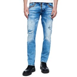 Rusty Neal Herren Straight-Jeans "YOKOTE", blau, Gr. 33, mehrfarbig, 98% Baumwolle, 2% Elasthan, Jeans, mit farblich abgesetzten Details
