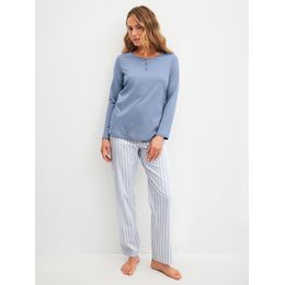 Calida Damen Schlafanzug "Striped Dreams", Gr. M, blau, Interlock, Obermaterial: 100% Baumwolle, Homewear-Sets, aus weicher Interlock-Qualit&auml;t, mit