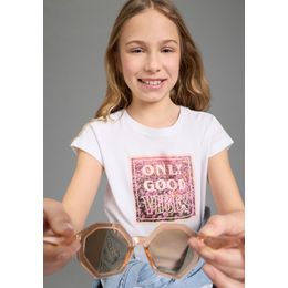 Kidsworld M&auml;dchen T-Shirt "ONLY GOOD VIBES - Druck"wei&szlig;, Gr. 140, bedruckt, Single Jersey, Obermaterial: 100% Baumwolle, Shirts, Kurzarm, gerade