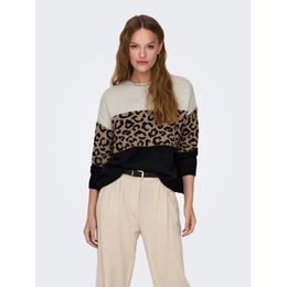 Only Damen Rundhalspullover "ONLJADE ANIMAL LS O-NECK NOOS KNT", beige, Gr. S, gemustert, meliert, Strick, Obermaterial: 81% Polyacryl, 19%