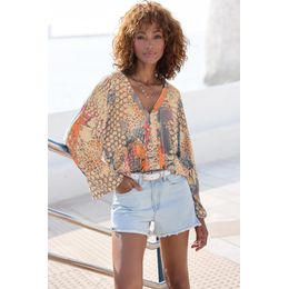 Buffalo Damen Fledermausshirt, bunt, Gr. 32, bedruckt, Jersey, Obermaterial: 100% Viskose, Shirts, mit Animaldruck, lockere Bluse mit V-Ausschnitt,
