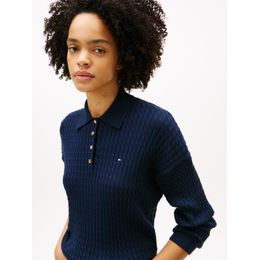 Tommy Hilfiger Damen Strickpullover "CO CABLE FINE GG RLXD POLO SWT", blau, Gr. L, unifarben, Strick, Obermaterial: 100% Baumwolle, Pullover, mit