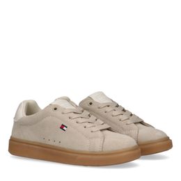 Tommy Hilfiger Damen Sneaker, Gr. 37beige, Leder, Textil, Schuhe, Retro Sneaker, Schn&uuml;rschuh, Halbschuh mit steitlicher Logostickerei