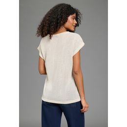 Laura Scott Damen T-Shirt, beige, Basic, Gr. 48, Leinenoptik, unifarben, Jersey, Obermaterial: 100% Polyester, Shirts, in strukturierter Leinen-Optik