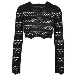 Fleecepullover Urban Classics "Urban Classics Damen Ladies Cropped Crochet Knit Sweater", Damen, Gr. 3XL, schwarz, 100% Polyacryl, unifarben, Rundhals, Sweatshirts Fleecepullover