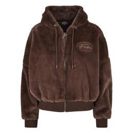 Collegejacke Fubu "Fubu Damen FW224-022-1 Signature Rhinestone Fur Jacket brown", Damen, Gr. S, braun, 100% Polyester, mehrfarbig, normal, ohne Ausschnitt, Jacken Collegejacke