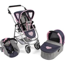 Bayer Chic 2000 CHIC2000 Kombi-Puppenwagen &raquo;Emotion All In 3in1, Grau-Navy&laquo; inkl. Babywanne, Babyschale und Sportwagenaufsatz blau Kombi-Puppenwagen