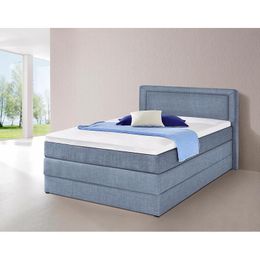 Hapo Boxspringbett mit Bettkasten blau Kopfteil, seitliche Unterbox und Obermatratze sind mit pflegeleichtem Feinstrukturstoff in Leinenoptik (100% 