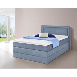 Hapo Boxspringbett mit Bettkasten blau Kopfteil, seitliche Unterbox und Obermatratze sind mit pflegeleichtem Feinstrukturstoff in Leinenoptik (100% 