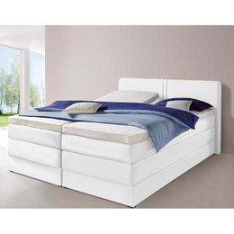 Hapo Boxspringbett mit Bettkasten wei&szlig; Kopfteil, seitliche Unterbox und Obermatratze sind mit pflegeleichtem Feinstrukturstoff in Leinenoptik (100% 