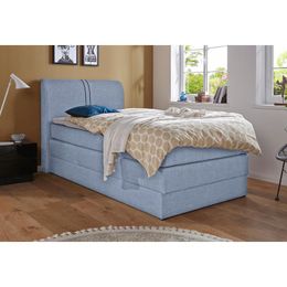 Hapo Boxspringbett mit Bettkasten blau Kopfteil, seitliche Unterbox und Obermatratze sind mit pflegeleichtem Feinstrukturstoff in Leinenoptik (100% 