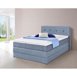 Hapo Boxspringbett mit Bettkasten blau Kopfteil, seitliche Unterbox und Obermatratze sind mit pflegeleichtem Feinstrukturstoff in Leinenoptik (100% 
