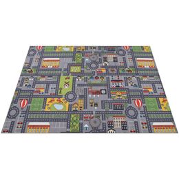Paco Home Kinderteppich &raquo;Bino 577&laquo; rechteckig 5 mm H&ouml;he Stra&szlig;en-Spiel-Teppich, Kinderzimmer grau Polyester B : 80cm 1 Stk., 5mm, L: 150cm