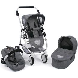 Bayer Chic 2000 CHIC2000 Kombi-Puppenwagen &raquo;Emotion All In 3in1, Jeans Grey&laquo; inkl. Babywanne, Babyschale und Sportwagenaufsatz grau Einheitsgr&ouml;&szlig;e Kombi-Puppenwagen