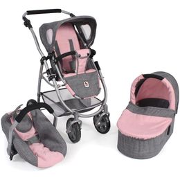 Bayer Chic 2000 CHIC2000 Kombi-Puppenwagen &raquo;Emotion All In 3in1, Grau-Rosa&laquo; inkl. Babywanne, Babyschale und Sportwagenaufsatz bunt Einheitsgr&ouml;&szlig;e Kombi-Puppenwagen