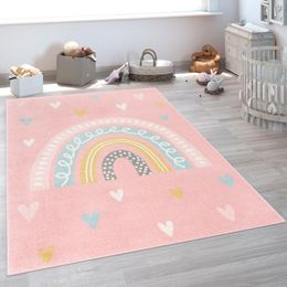 Paco Home Kinderteppich &raquo;Nino 887&laquo; rechteckig 13 mm H&ouml;he Kurzflor, Spielteppich, Motiv Regenbogen & Herzen, Kinderzimmer pink Polypropylen