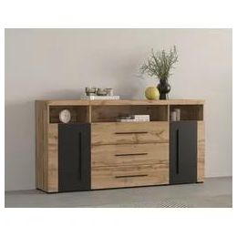 Sideboard OTTO HOME "Roger,Breite 182cm, stilvolle Schrank, 2 Holzt&uuml;ren 3 Schubladen", braun (wotan eiche, schwarz), B:182cm H:92cm T:38,5cm, FSC-zertifizierter Holzwerkstoff, Sideboards, Sideboard, Kommode mit viel Stauraum, Einlegeb&ouml;den verstellbar