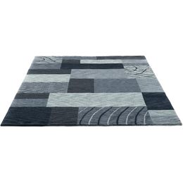 Theko Wollteppich &raquo;Domas 4028&laquo; rechteckig 12 mm H&ouml;he Kurzflor, reine Wolle, handgekn&uuml;pft, modernes Patchwork Design grau Schurwolle B : 60cm 1 Stk., 