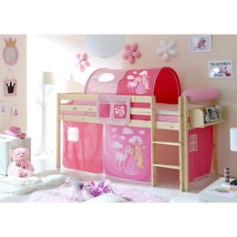 Ticaa Hochbett &raquo;Malte&laquo; mit Rollrost und in verschiedenen Ausf&uuml;hrungen wahlweise mit Matratze rosa Mit Vorhang, Tunnel und Tasche, Liegefl&auml;che B/L: 90cm x 