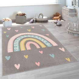 Paco Home Kinderteppich &raquo;Nino 887&laquo; rechteckig 13 mm H&ouml;he Kurzflor, Spielteppich, Motiv Regenbogen & Herzen, Kinderzimmer grau Polypropylen