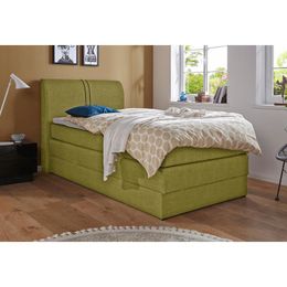 Hapo Boxspringbett mit Bettkasten gr&uuml;n Kopfteil, seitliche Unterbox und Obermatratze sind mit pflegeleichtem Feinstrukturstoff in Leinenoptik (100% 