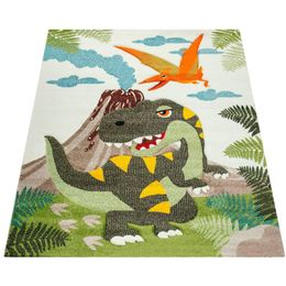 Paco Home Kinderteppich &raquo;Diamond 636&laquo; rechteckig 18 mm H&ouml;he 3D-Design, Motiv Dinosaurier, Kinderzimmer gr&uuml;n Polypropylen (PP) B : 160cm 1 Stk., 18mm, L: 230cm