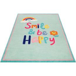 Smart Kids Kinderteppich &raquo;Happy me!&laquo; rechteckig 9 mm H&ouml;he Regenbogen Blume, Konturenschnitt blau Kunstfaser