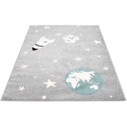 Carpet City Kinderteppich &raquo;Bubble Kids 1319&laquo; rechteckig 11 mm H&ouml;he Spielteppich, Weltall, Rakete, Weicher Flor, Pflegeleicht grau Kunstfaser