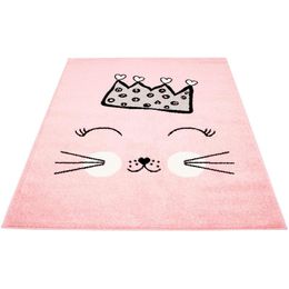 Carpet City Kinderteppich &raquo;Bubble Kids 1331&laquo; rechteckig 11 mm H&ouml;he Spielteppich, Katze, Krone, Weicher Flor, Pflegeleicht, Kinderzimmer rosa Kunstfaser