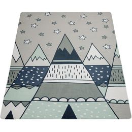 Paco Home Kinderteppich &raquo;Chicos 553&laquo; rechteckig 2 mm H&ouml;he Flachgewebe, Motiv Berge & Sterne, Kinderzimmer grau Polyester B : 80cm 1 Stk., 2mm, L: 150cm